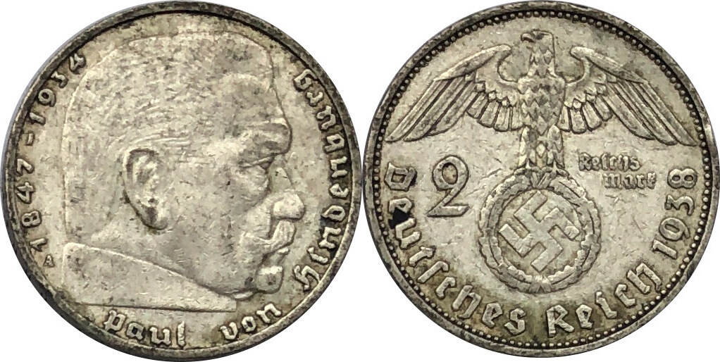 3-Reich 2 Mark 1938 A Hindenburg ss | MA-Shops