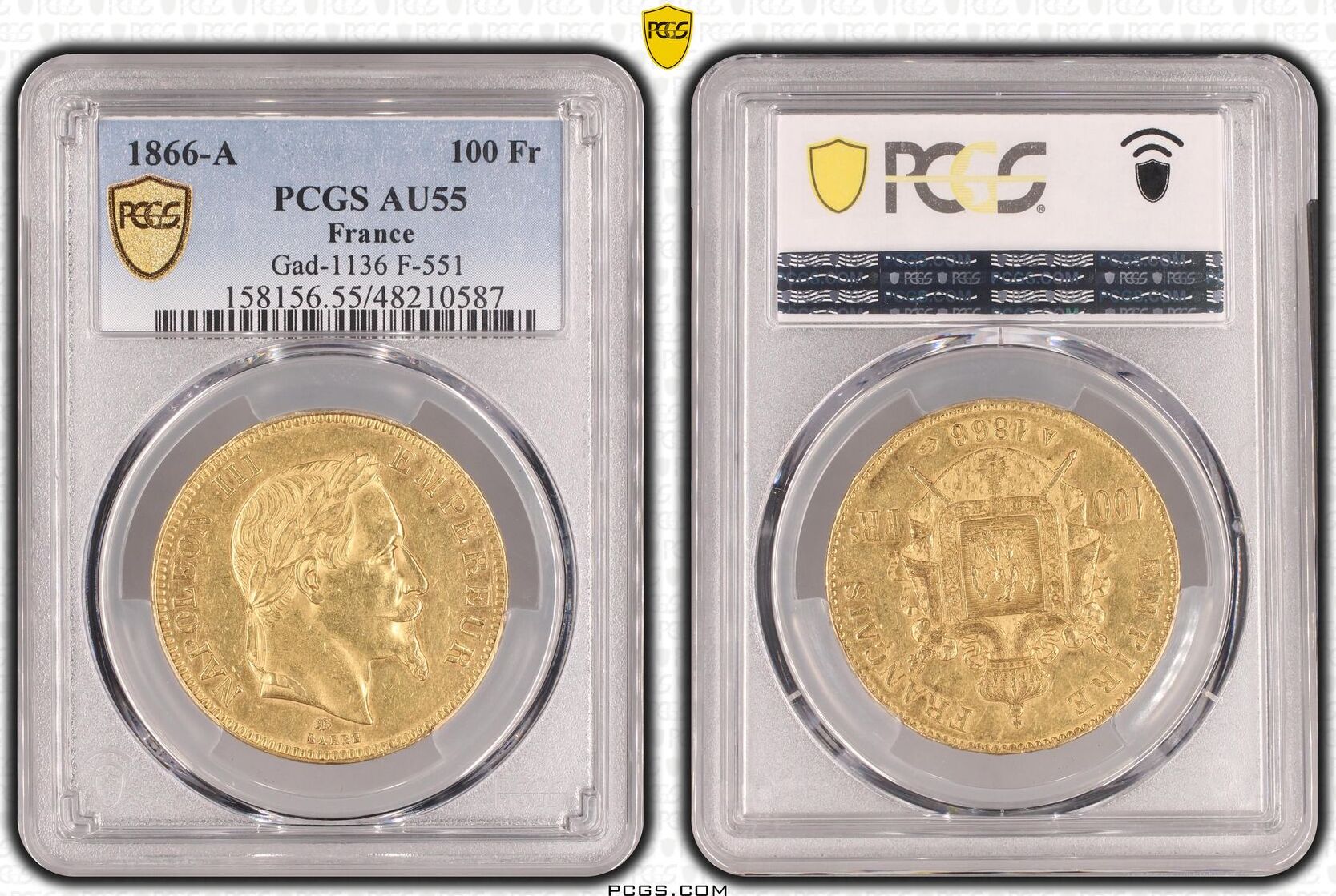 France 100 Francs 1866 Napoléon III or Tête laurée Paris PCGS AU55 Superbe très rare | MA-Shops