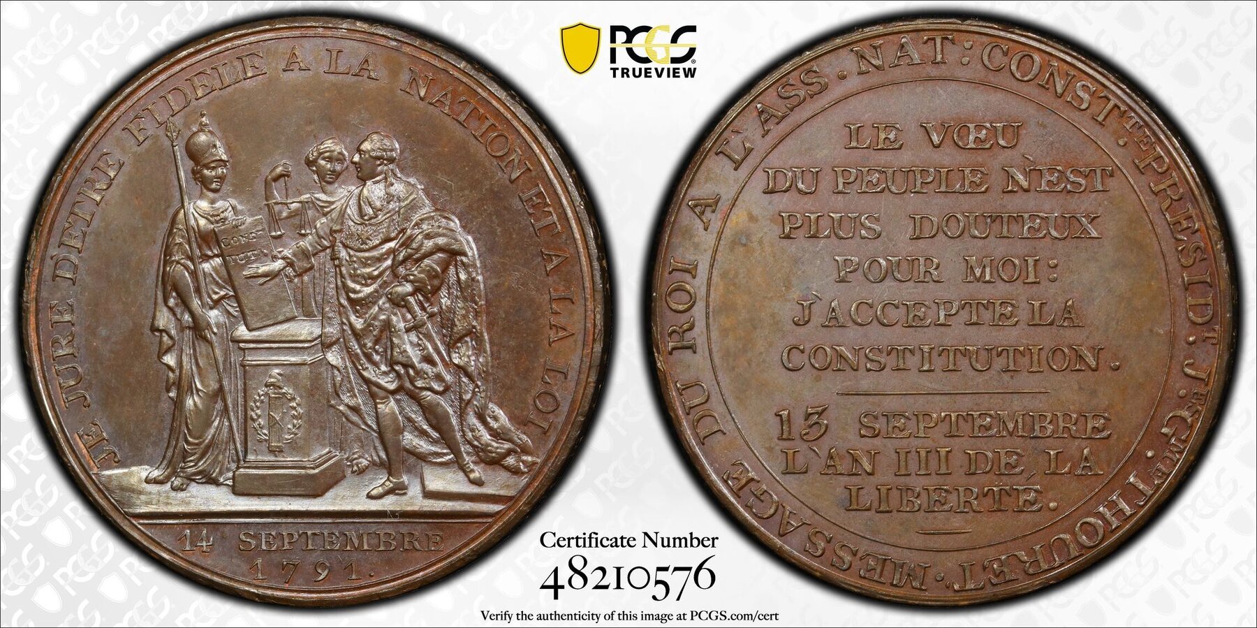 France 1791 Monneron du Serment du roi Paris Flan bruni PCGS SP64 Fleur ...