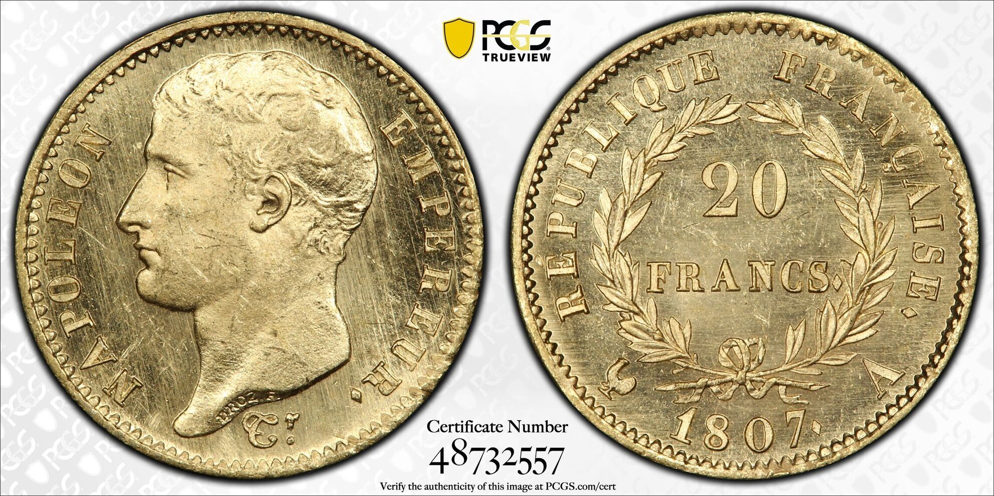 France 20 Francs 1807 Napoléon Empereur or Paris Type transitoire PCGS ...