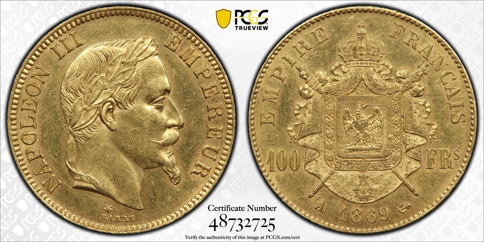 France 100 Francs 1869 Napoléon III or Tête laurée Paris Superbe PCGS AU58 | MA-Shops