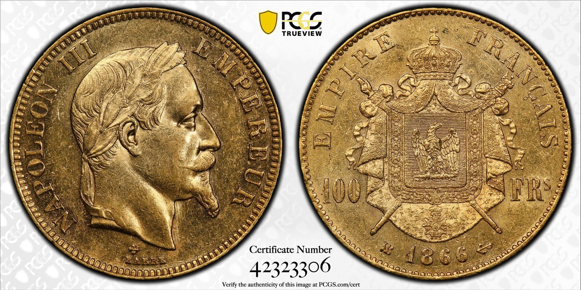 France 100 Francs 1866 Napoléon III or Tête laurée Strasbourg Superbe PCGS AU58 rare | MA-Shops