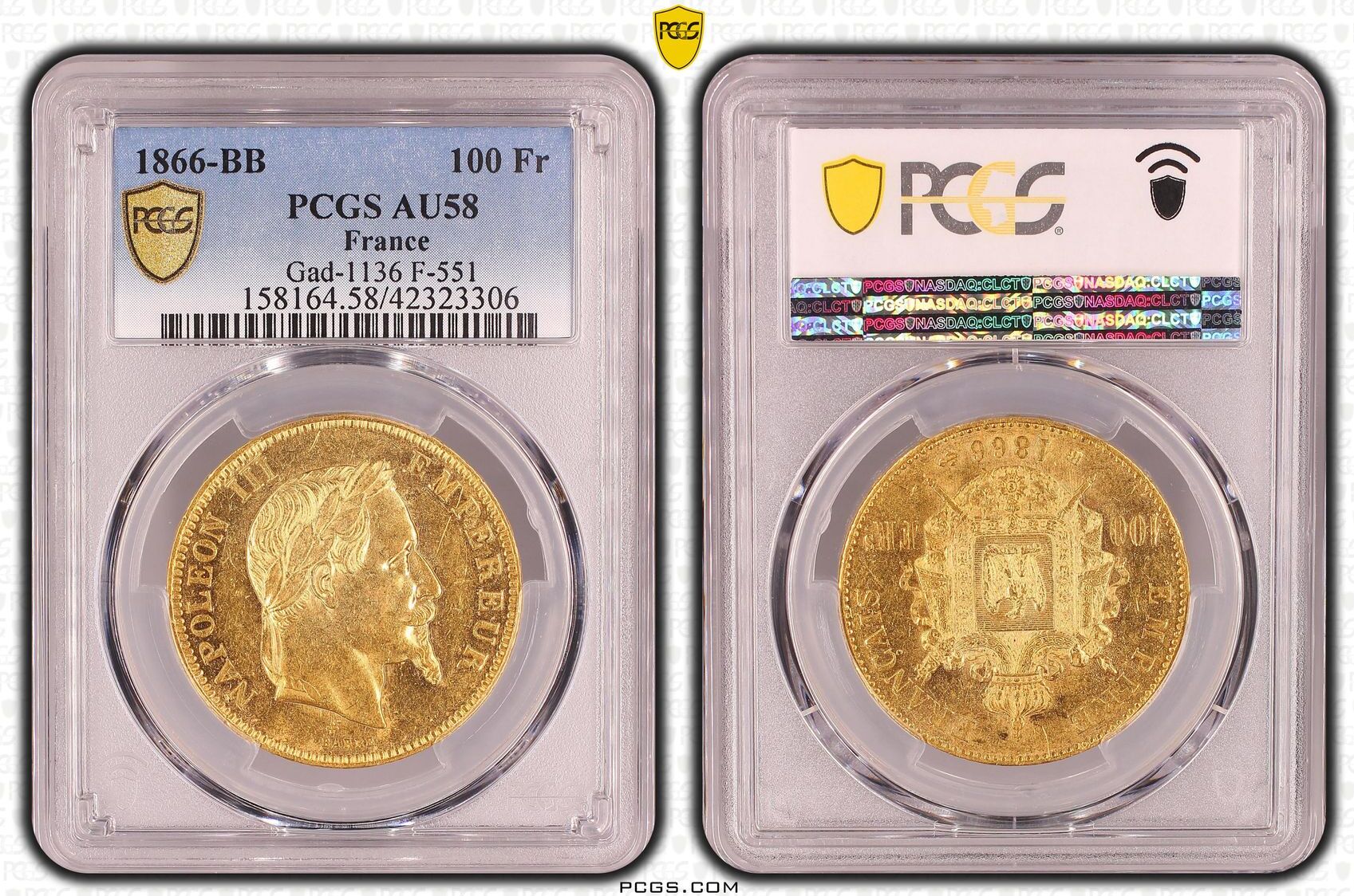 France 100 Francs 1866 Napoléon III or Tête laurée Strasbourg Superbe PCGS AU58 rare | MA-Shops