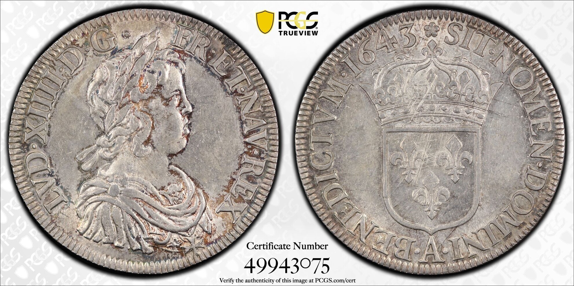 France 1643 Louis XIV Ecu à la mèche courte Paris PCGS MS62 Splendide ...