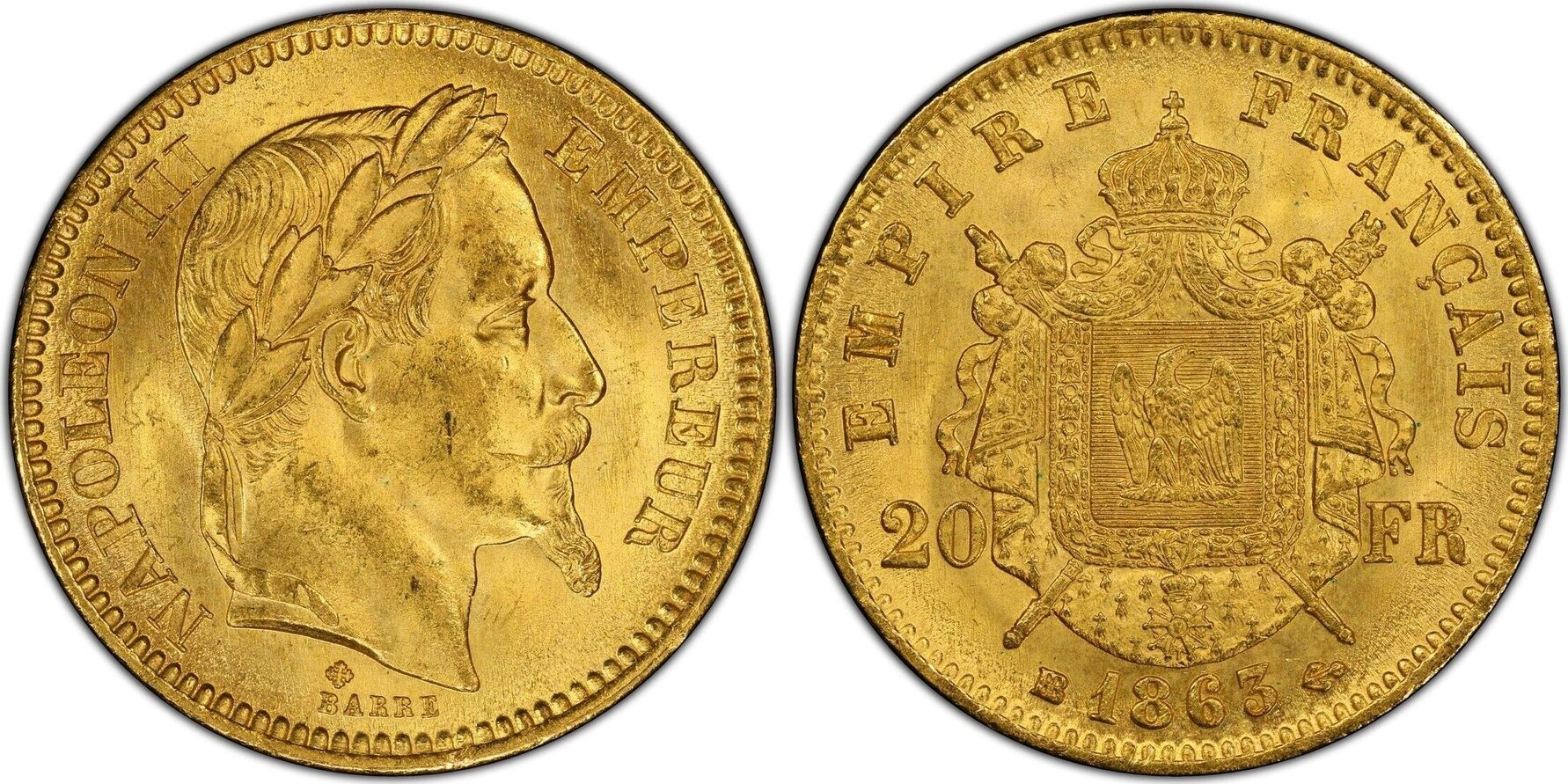 France 20 Francs 1863 BB Napoléon III or Strasbourg PCGS MS63 Splendide | MA-Shops