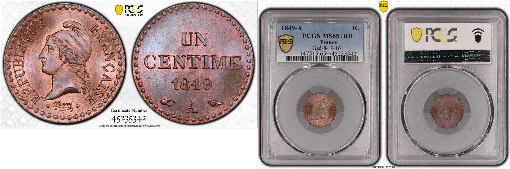 France 1849 Un Centime Dupré Paris PCGS MS65+RB Fleur de coin | MA-Shops