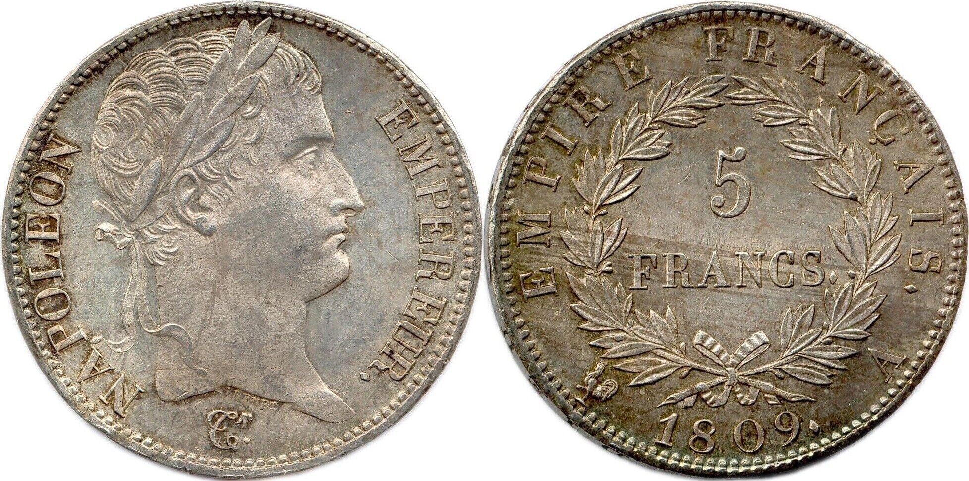 France 5 Francs 1809 Napoléon Empereur Paris Fleur de coin Qualité ...
