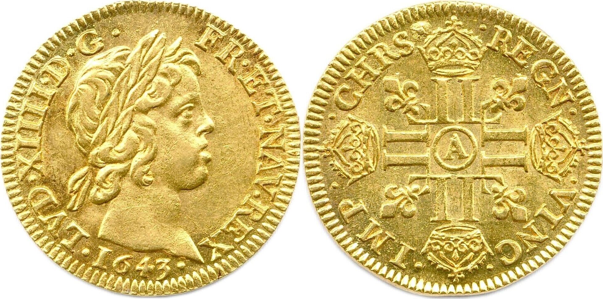 France Louis d'or 1643 Louis XIV Paris mèche courte unz à Fleur de coin ...