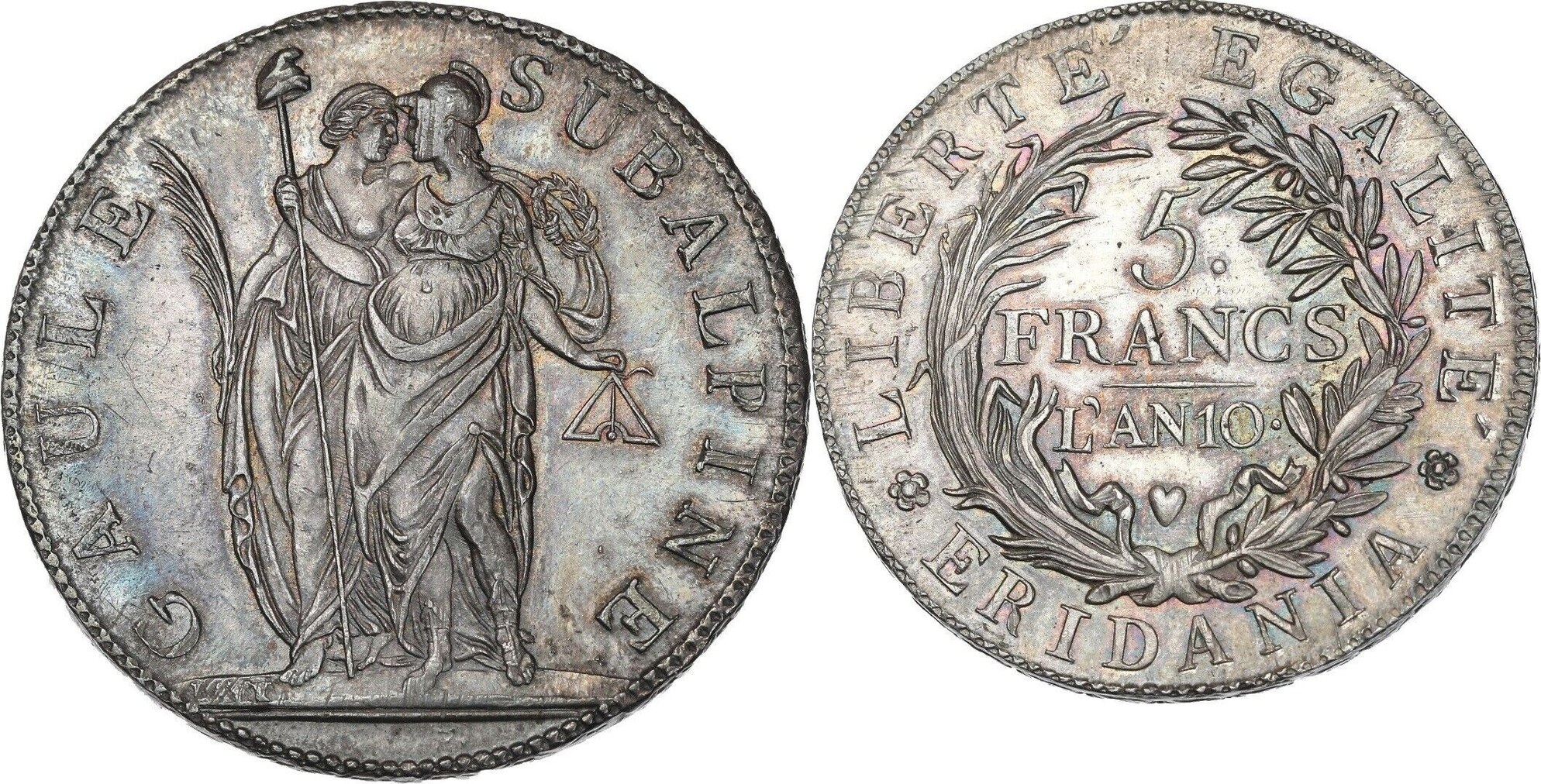 5 Francs ITALIA Piedmont Subalpine Republic An 10 Splendide PCGS MS62 ...