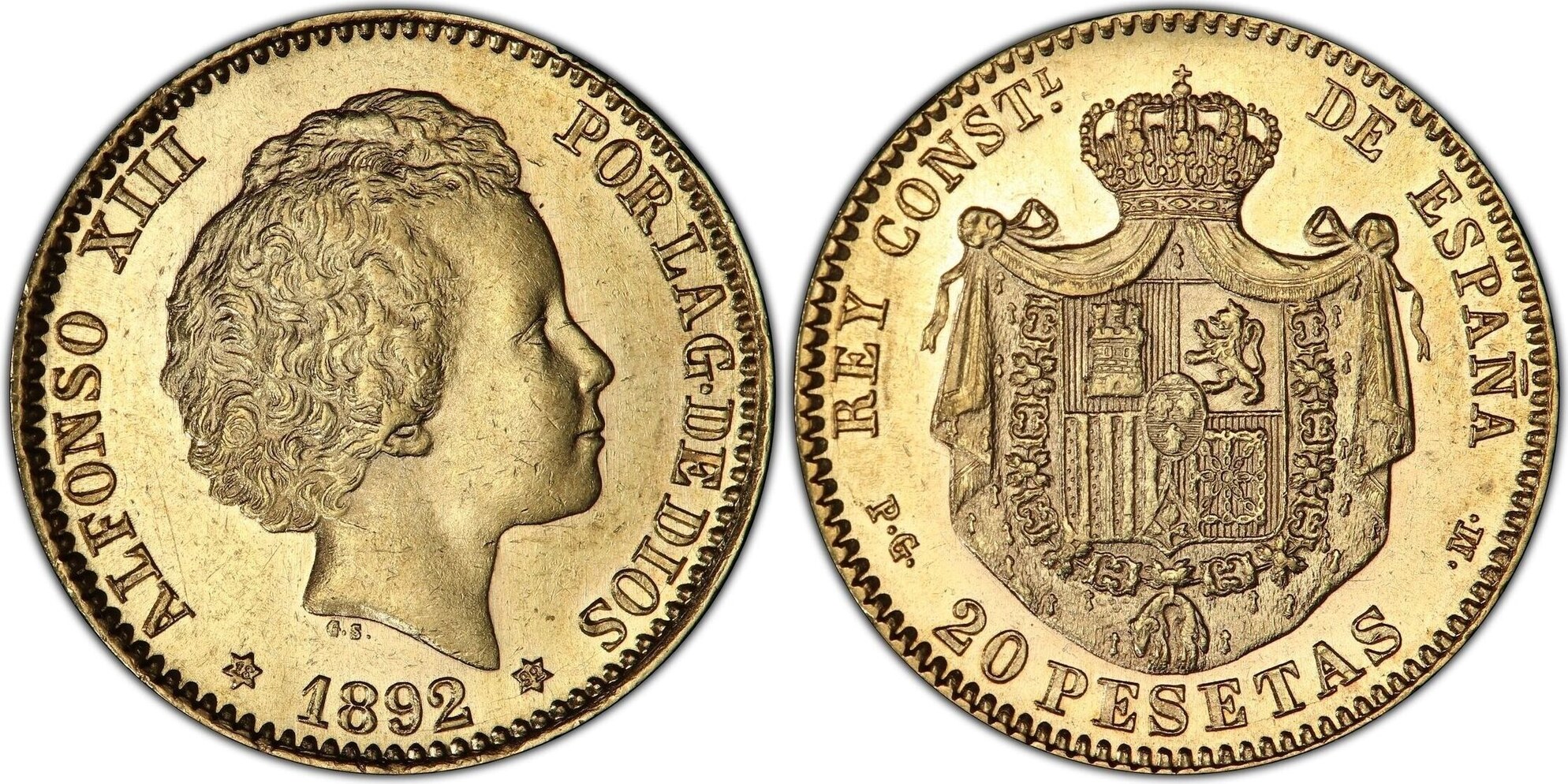 20 Pesetas 1892 SPAIN Alphonse XIII Madrid Proof-like unz very rare ...