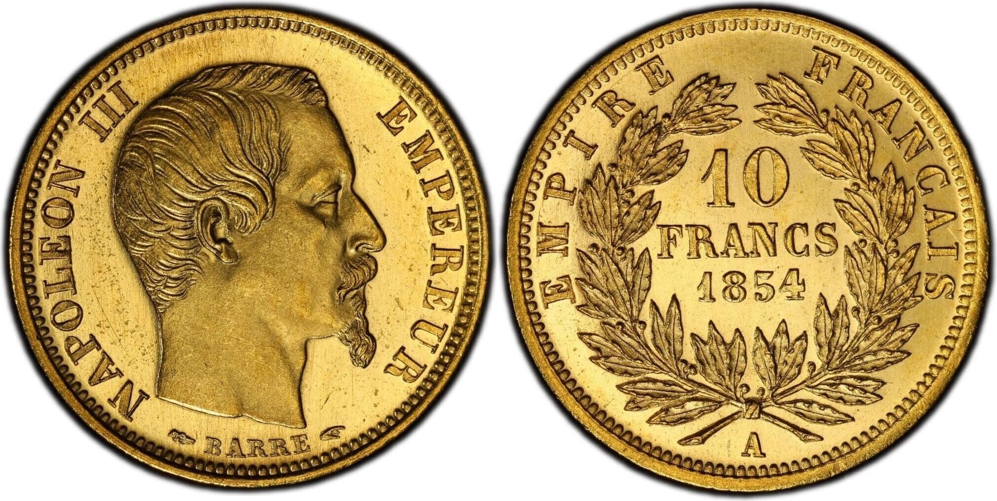 France 10 Francs 1854 Napoléon III or Paris petit module Tranche lisse ...