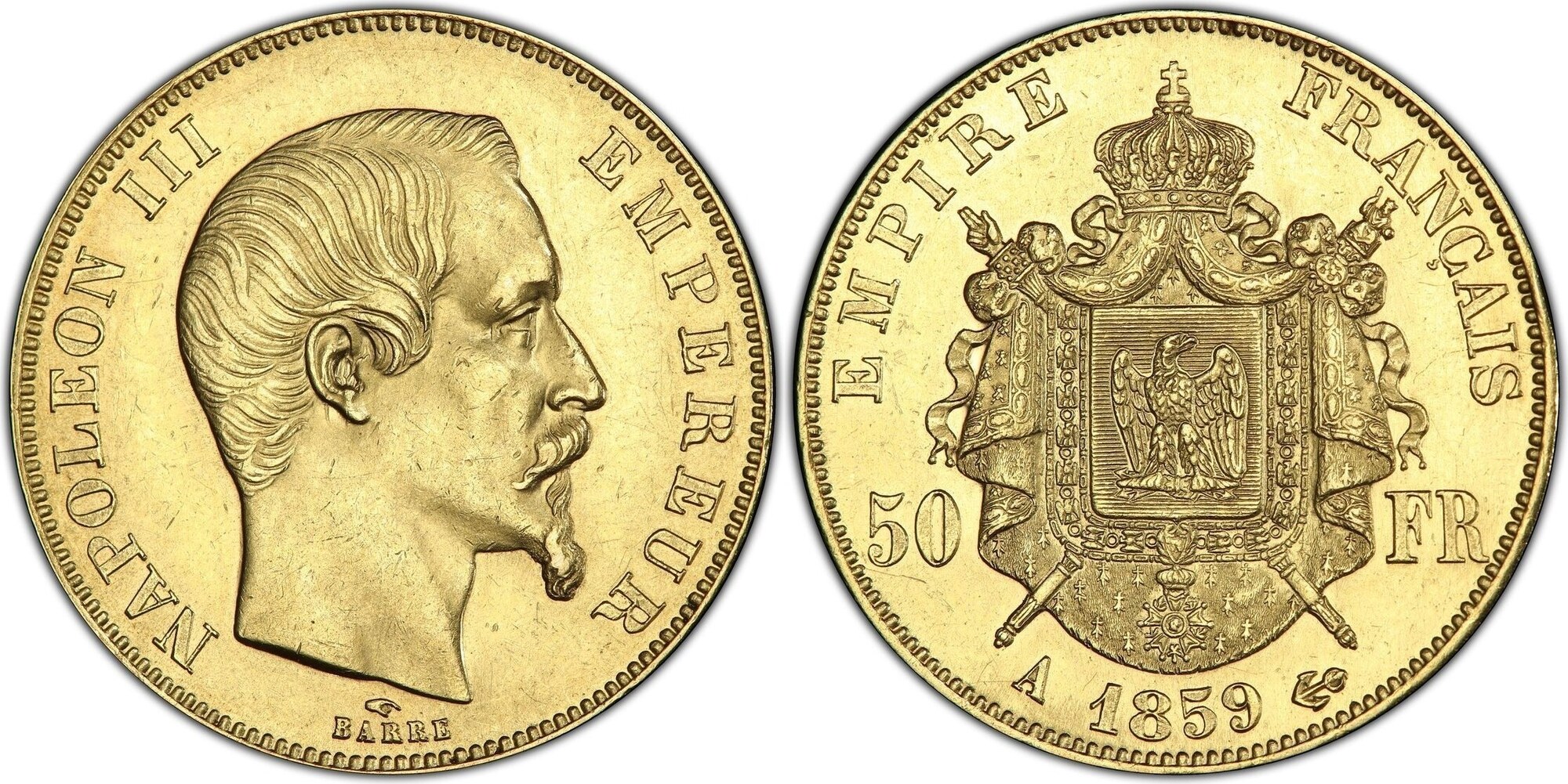 France 50 Francs 1859 Napoléon III or Paris PCGS AU58 Splendide monnaie ...