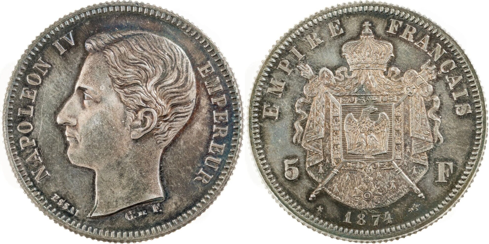 France 5 francs 1874 Napoléon IV Essai de en argent Bruxelles unz rare ...