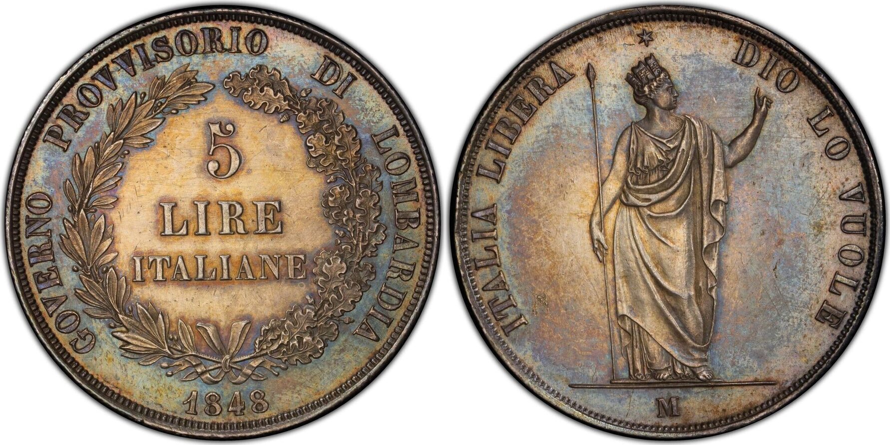 5 Lire 1848 Italy lombardy Milan Beautiful coin Toned unz | MA-Shops