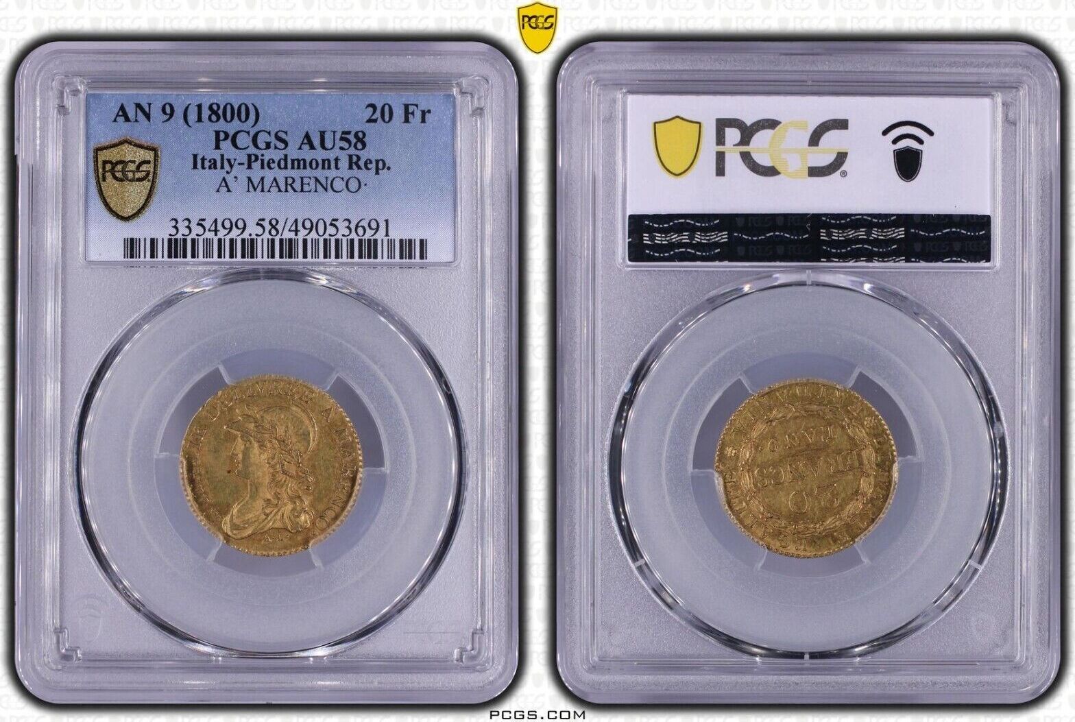 20 Francs Italy Gaule Subalpine or Marengo AN9 Turin Superbe PCGS AU58 ...