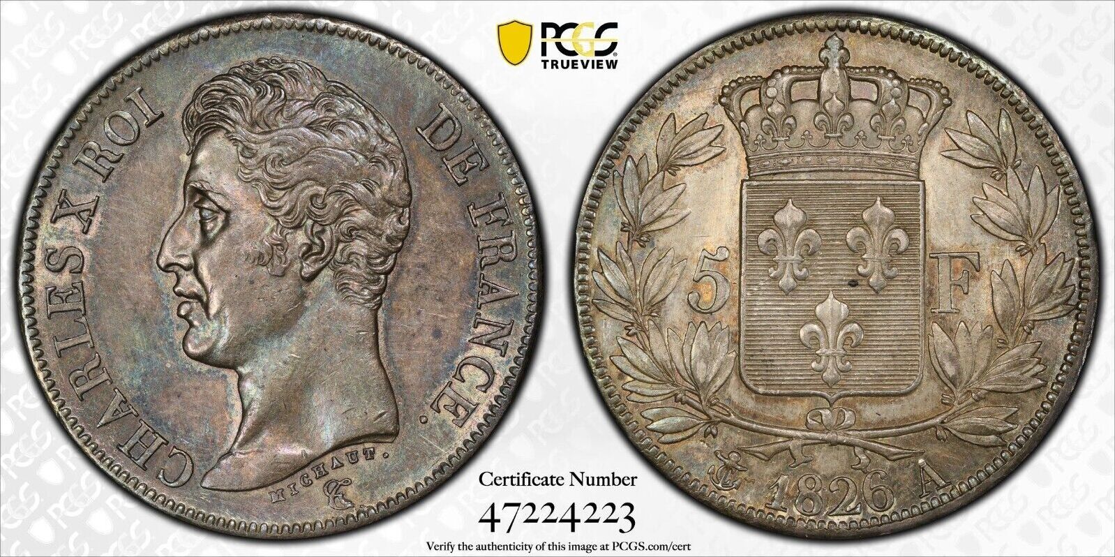France 5 Francs 1826 Paris Charles X 1er Type Superbe PCGS AU58 ...