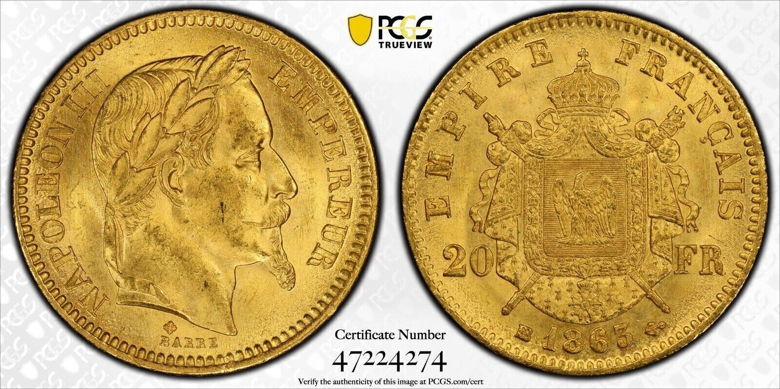 France 20 Francs 1863 BB Napoléon III or Strasbourg PCGS MS63 Splendide | MA-Shops