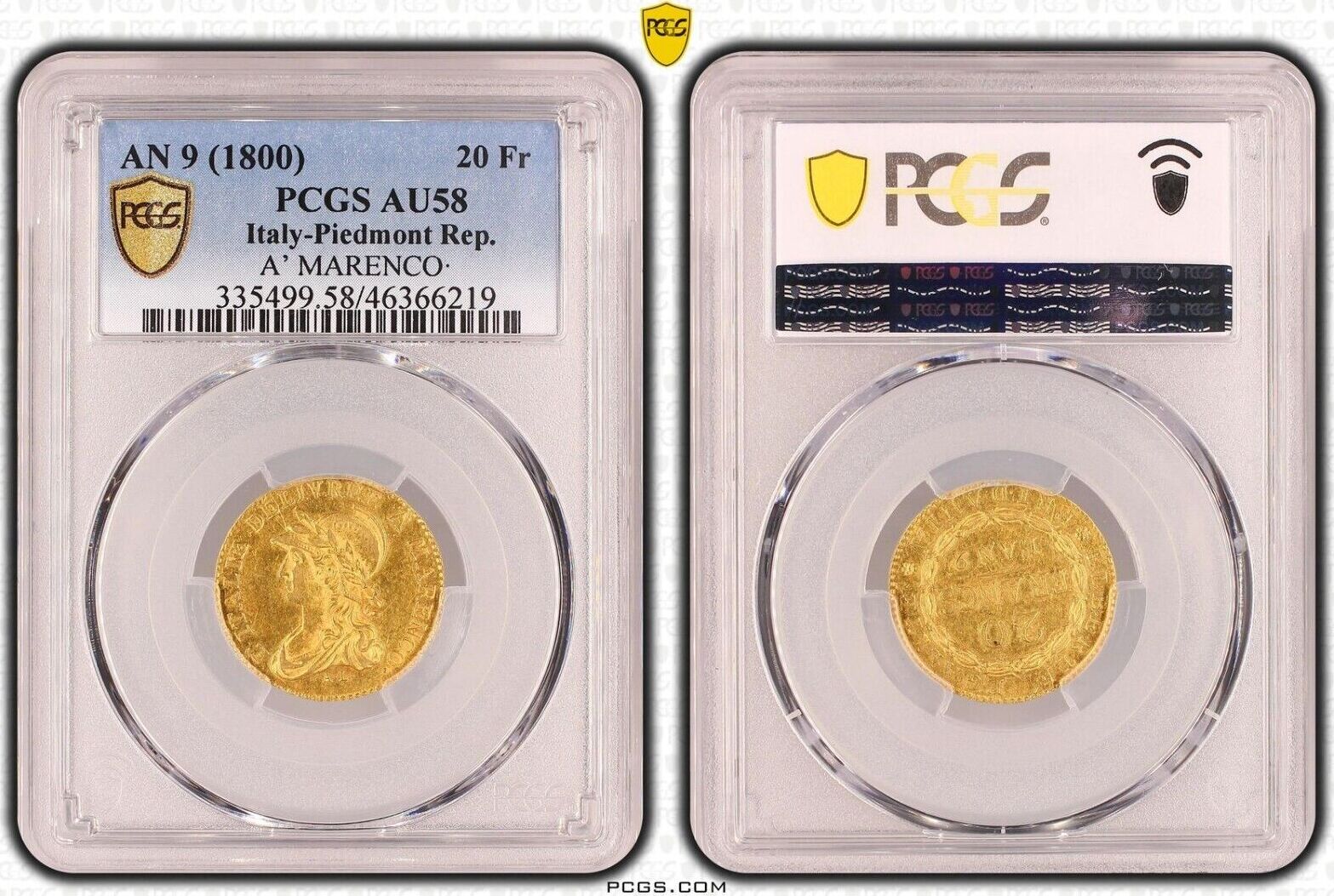 20 Francs Italia Subalpina or Marengo AN9 Turin Superbe PCGS AU58 | MA-Shops