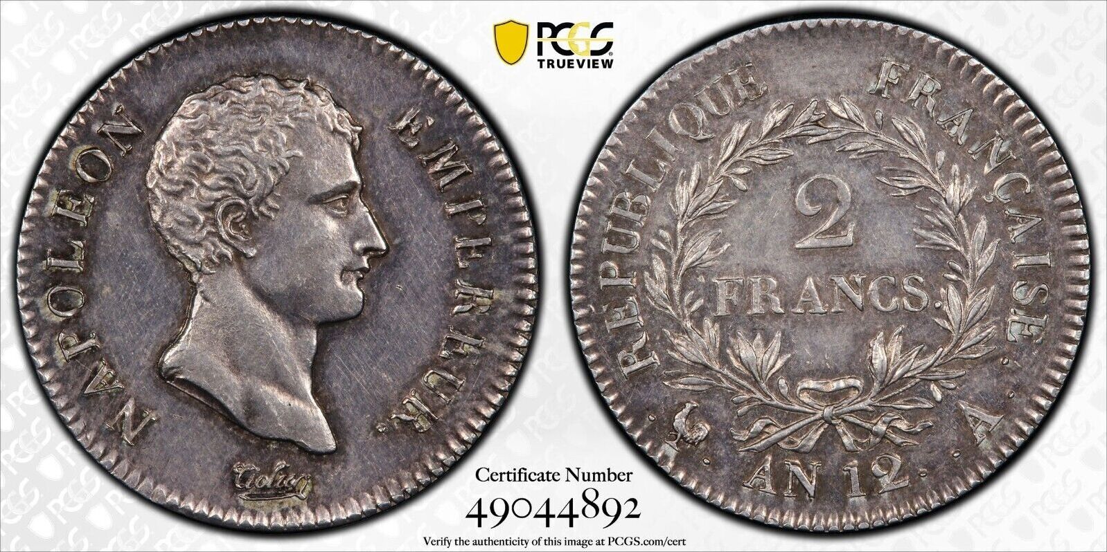 France 2 Francs Napoléon Empereur AN12 Paris SUP/ SPL PCGS AU58 rare Qualité | MA-Shops