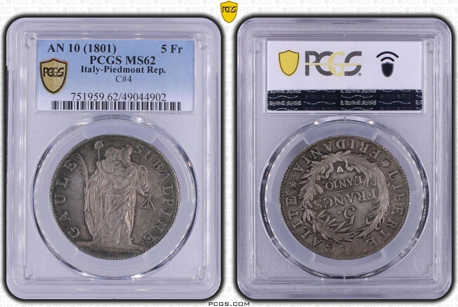 5 Francs ITALIA Piedmont Subalpine Republic An 10 Splendide PCGS MS62 ...