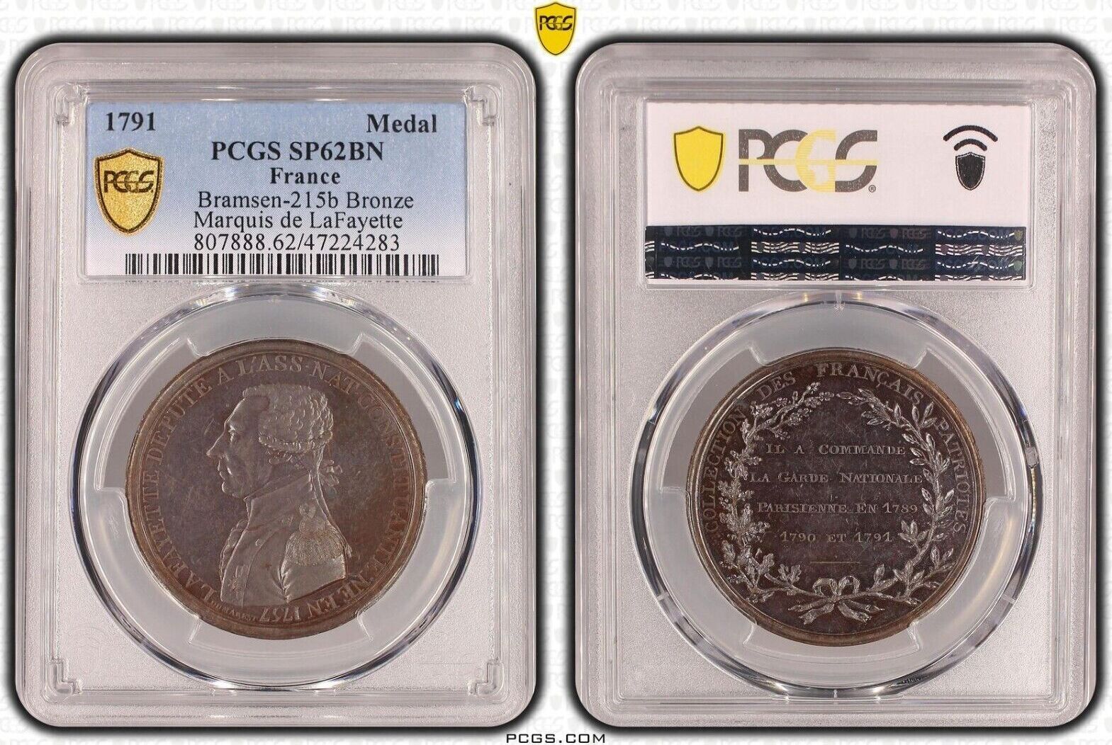 France Bramsen-215 Monneron La Fayette magnifique flan bruni PCGS SP62 Bronze 1791 rare | MA-Shops