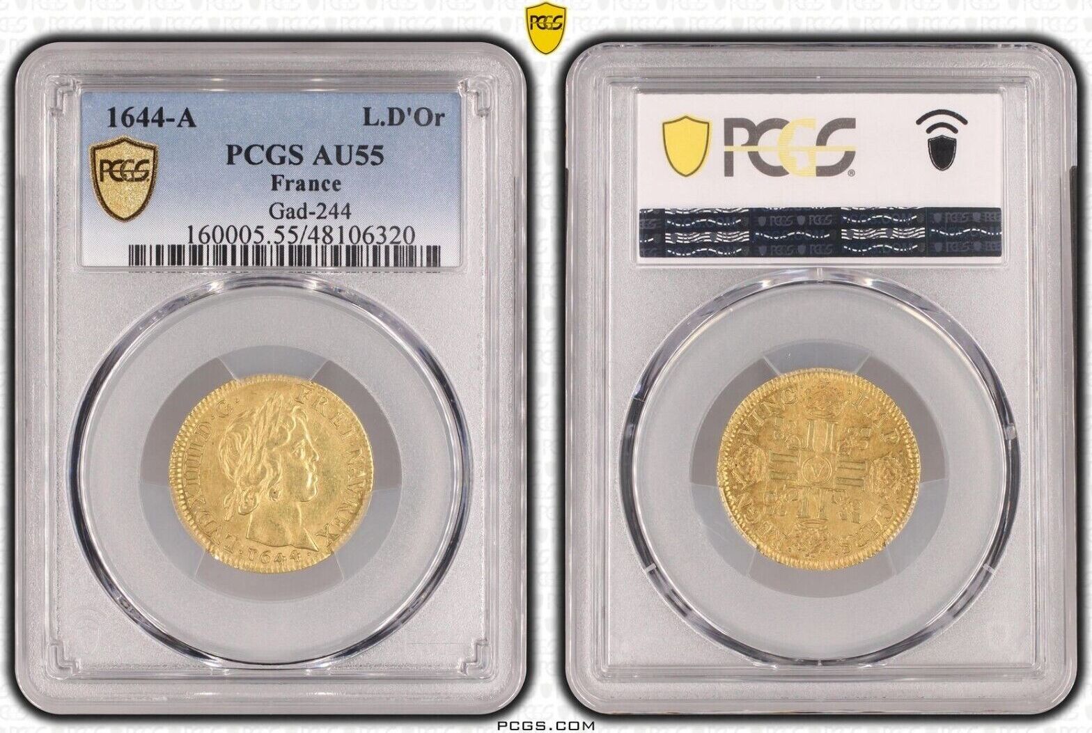 France Louis d'or 1644 Louis XIV à la mèche courte Paris Superbe PCGS AU55 | MA-Shops