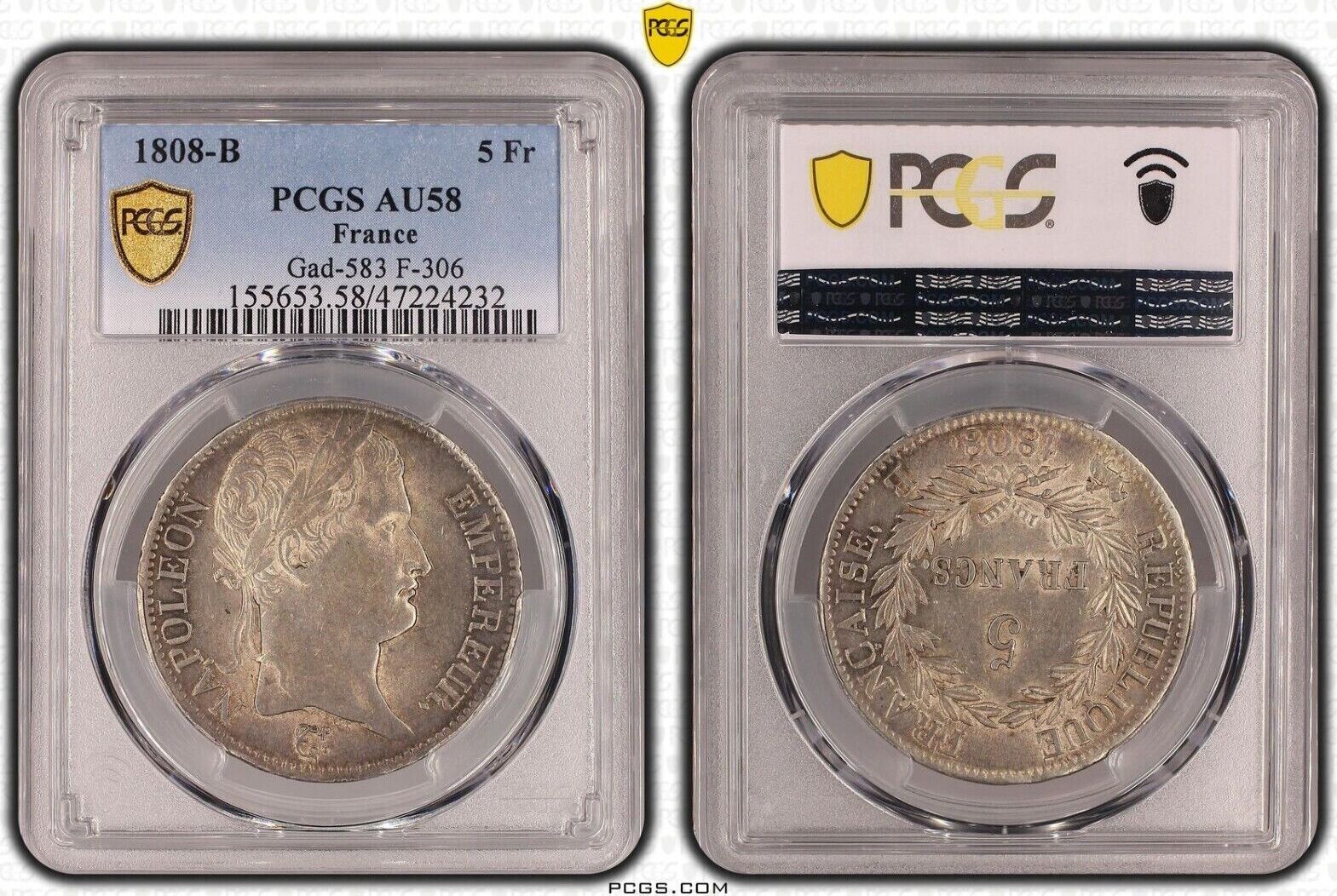 France 5 Francs 1808 Napoléon Empereur Rouen Superbe PCGS AU58 rare Qualité Top Pop | MA-Shops