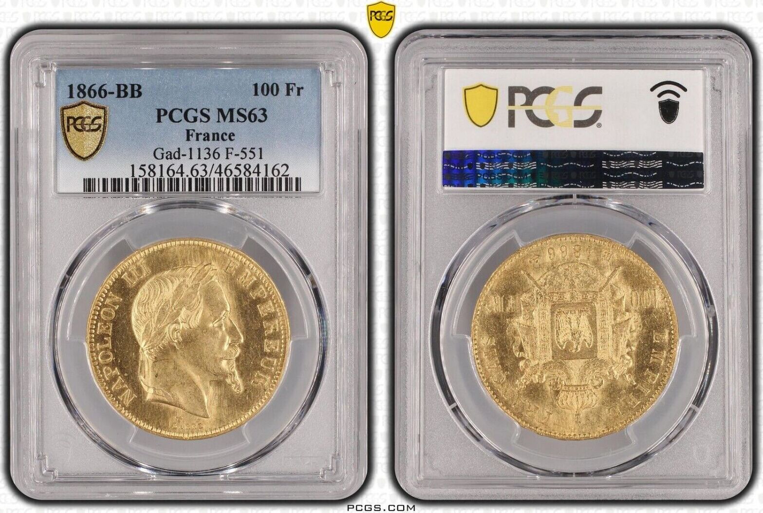 France 100 Francs 1866 Napoléon III or Tête laurée Strasbourg Splendide rare PCGS MS63 | MA-Shops