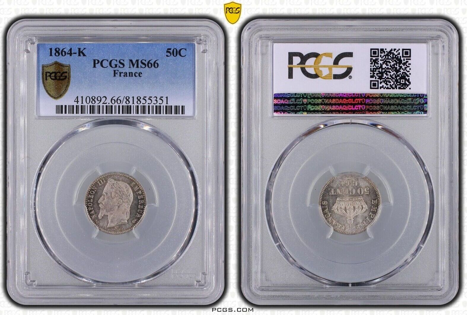 France Napoléon III 50 Centimes 1864 Bordeaux PCGS MS66 Fleur de coin +++ Top Pop | MA-Shops