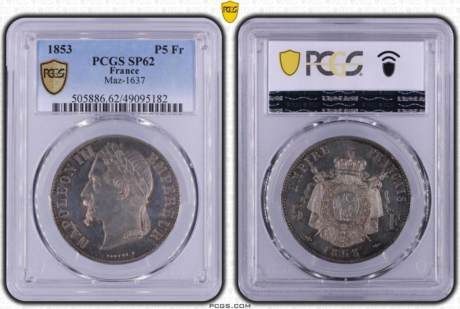 France 5 Francs 1853 Napoléon III Epreuve en argent Tête laurée Bouvet PCGS SP62 SPL | MA-Shops