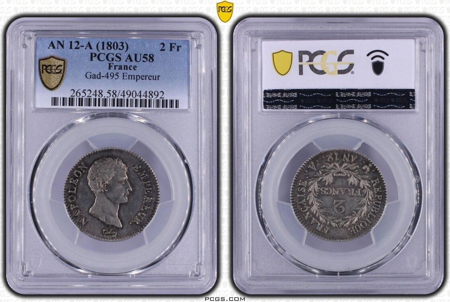 France 2 Francs Napoléon Empereur AN12 Paris SUP/ SPL PCGS AU58 rare Qualité | MA-Shops