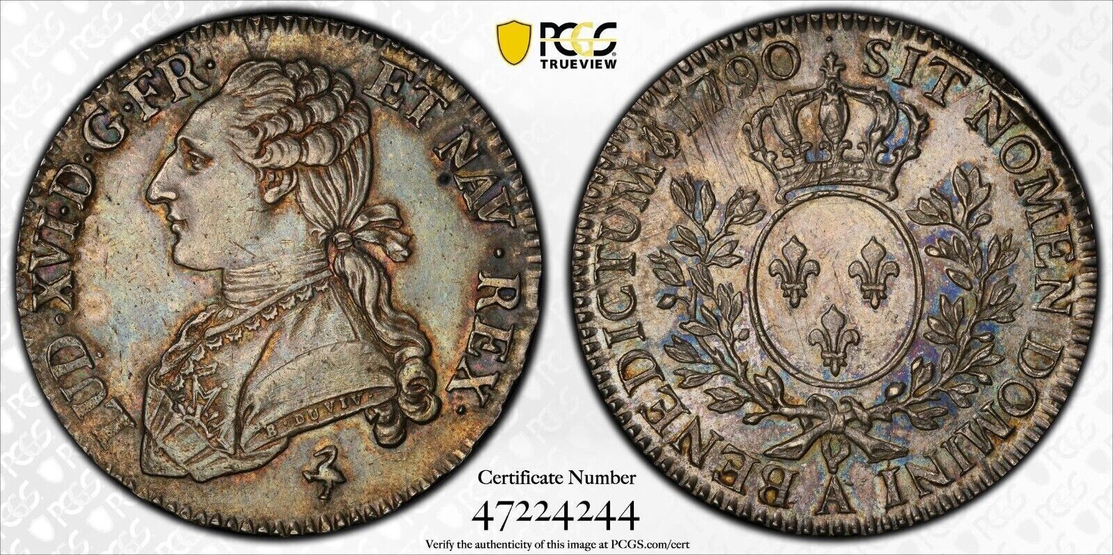 France Demi-écu 1790 Louis XVI Paris Splendide PCGS MS62 rare Qualité ...