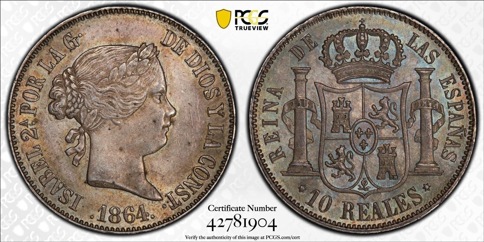 10 reales 1864 ISABEL II Madrid Splendide PCGS MS62 beautiful coin ...