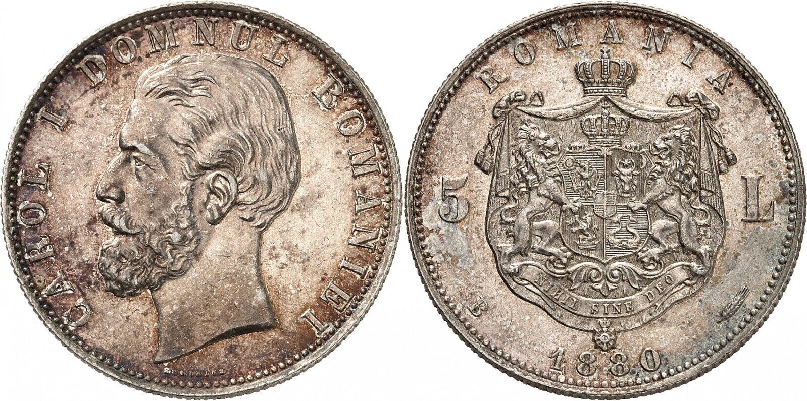 5 Lei 1880 B ROMANIA Carol I Bucarest Beautiful coin SPL à st patina ...