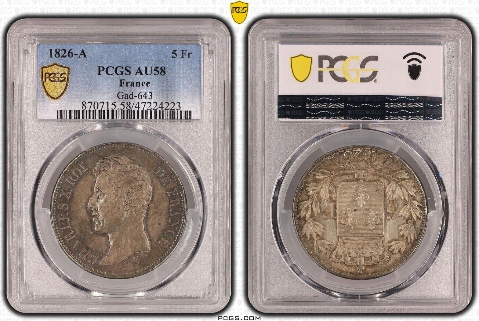 France 5 Francs 1826 Paris Charles X 1er Type Superbe PCGS AU58 Première frappe | MA-Shops