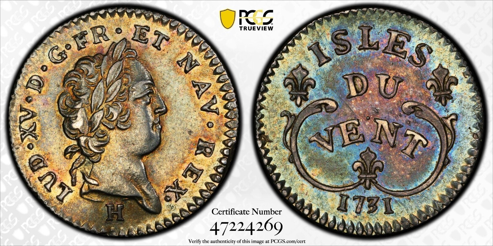 France 12 Sols Louis XV Windward Islands Isles du Vent 1731-H PCGS MS64 ...