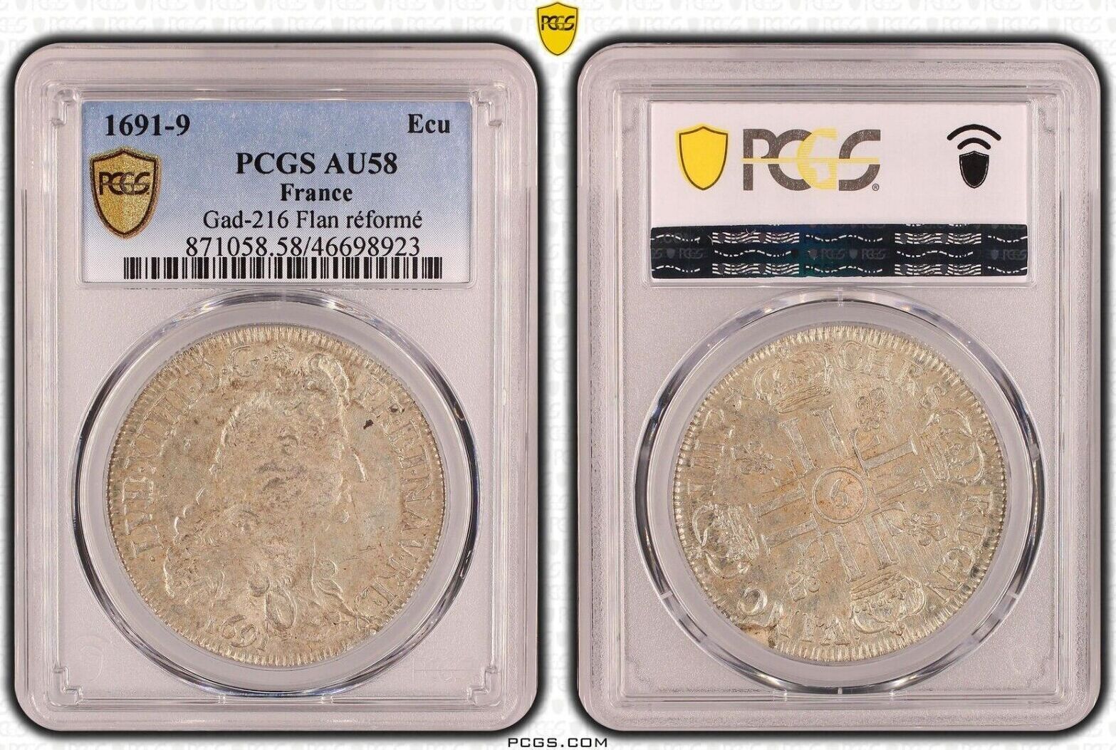 France 1691 Louis XIV Ecu aux Huit L Rennes Superbe exemplaire PCGS AU58 | MA-Shops
