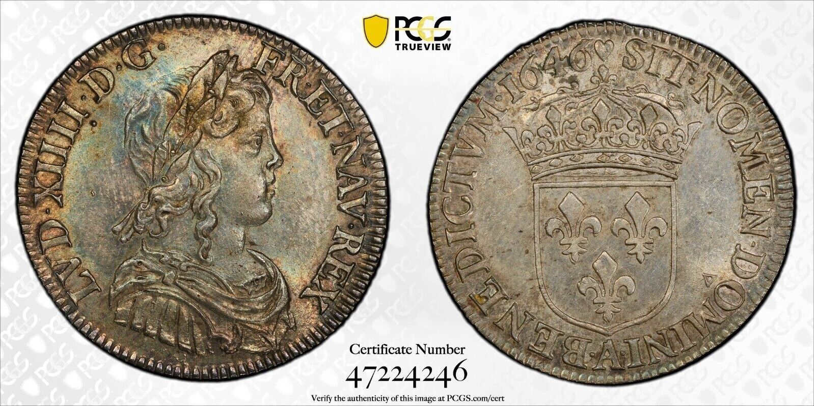 France Quart d'écu 1646 Louis XIV à la mèche longue Paris SPL à FDC ...