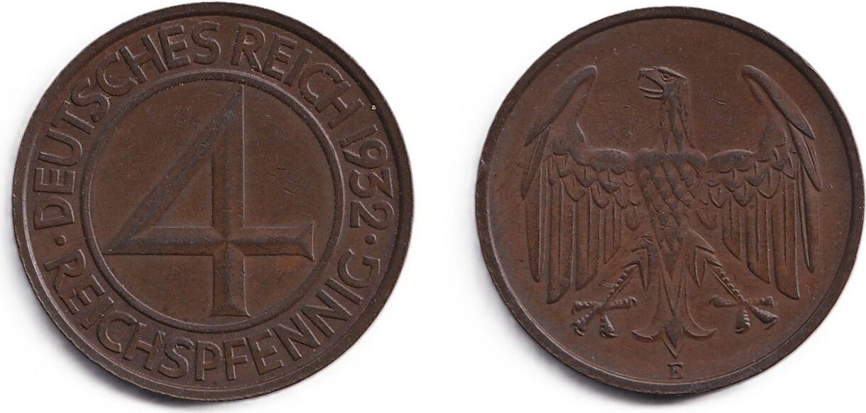 Weimarer Republik 4 Pfennige DEUTSCHES REICH 4 Reichspfennig 1932 E (J ...