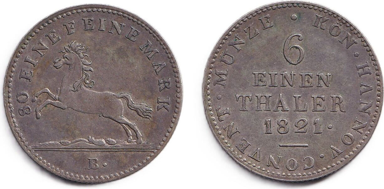 Altdeutschland Hannover 1/6 Taler 1821 B ss+ selten | MA-Shops