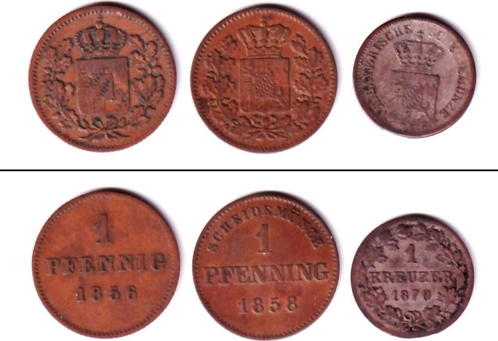 Altdeutschland 1 Pfennig Lot: Bayern 3x Kleinmünzen Pfennig Kreuzer ss+ ...