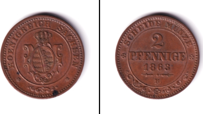 Johann (1854-1873) Sachsen 2 Pfennige 1863 B vz | MA-Shops