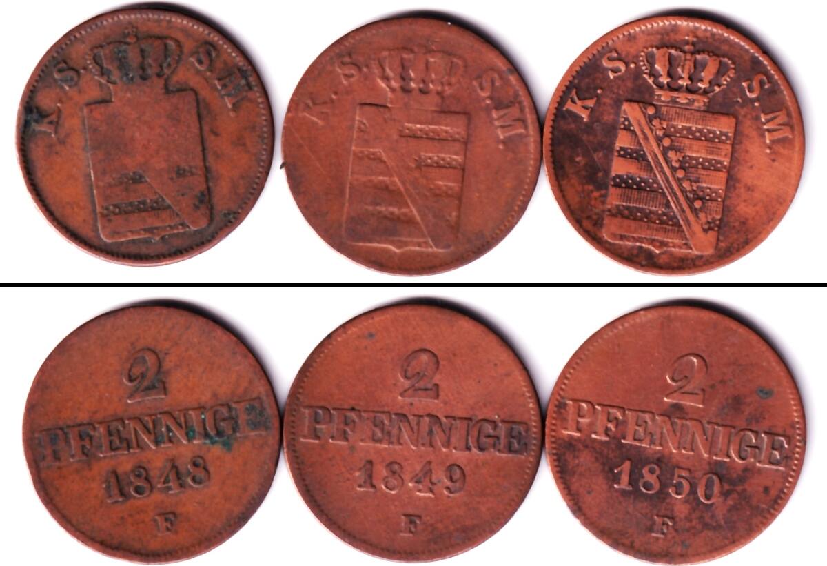 Friedrich August II (1836-1854) Lot: Sachsen 3x 2 Pfennige s-ss [1848 ...