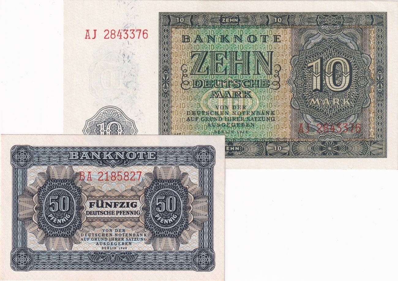 Währungsreform 1948 Lot: DDR 2x Banknote 50 Pf. + 10 DEUTSCHE MARK 1948 ...