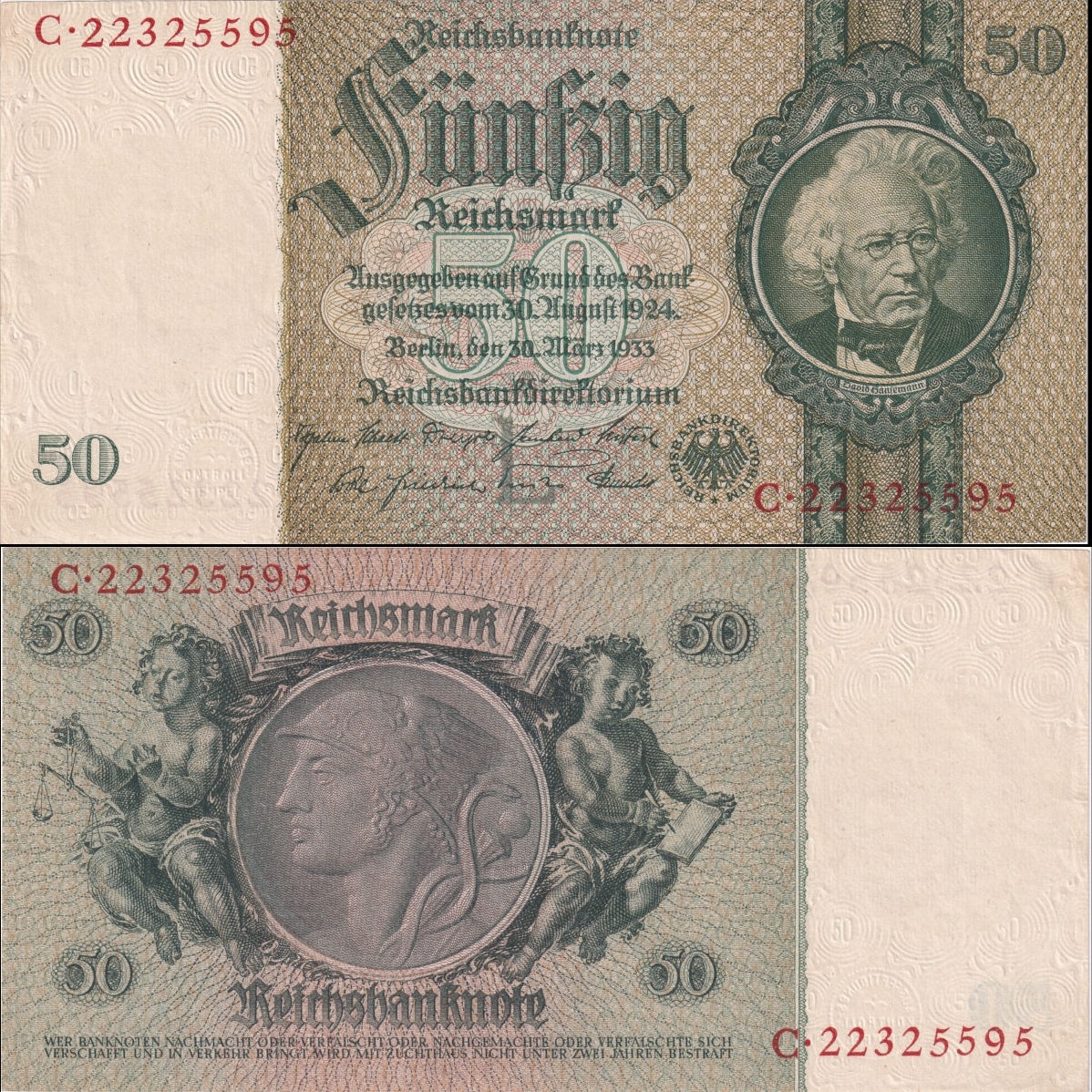 Banknoten 50 REICHSMARK 1933 Ro.175c Zwischenform I- | MA-Shops