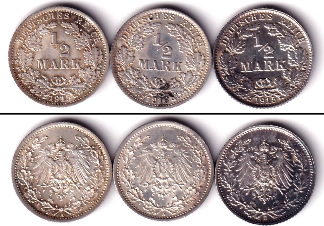 Lot: DEUTSCHES REICH 3x Silber 1/2 Mark (J.16) f.st [1915-1916] fast stgl.! | MA-Shops