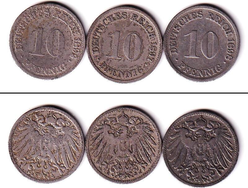 Deutsches Kaiserreich 10 Pfennig Lot: DEUTSCHES REICH 3x (J.13) G f.ss ...