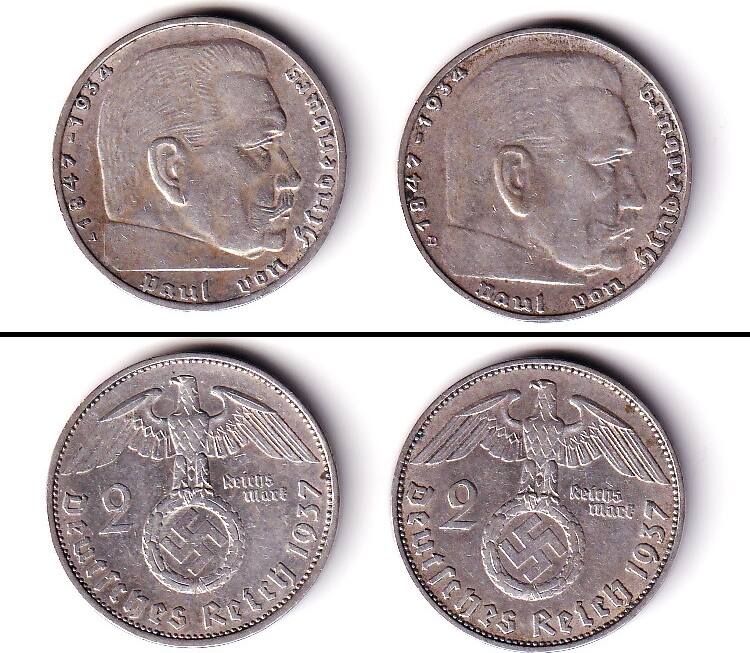 Drittes Reich 2 Mark Lot: DEUTSCHES REICH 2x 2 Reichsmark 1937 A D (J ...