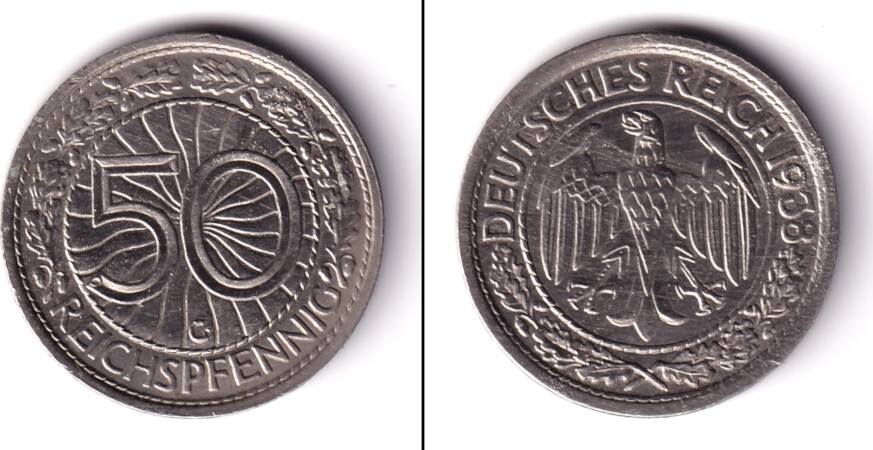 Kleinmünzen DEUTSCHES REICH 50 Reichspfennig 1938 G (J.324) ss-vz selten | MA-Shops