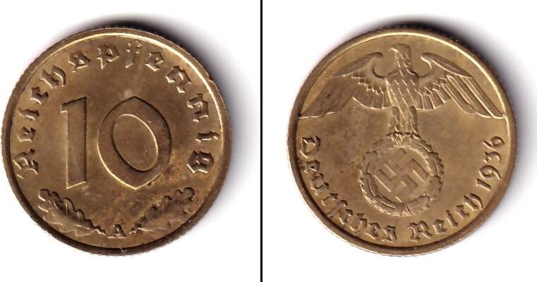 Kleinmünzen DEUTSCHES REICH 10 Reichspfennig (J.364) 1936 A ss-vz selten | MA-Shops